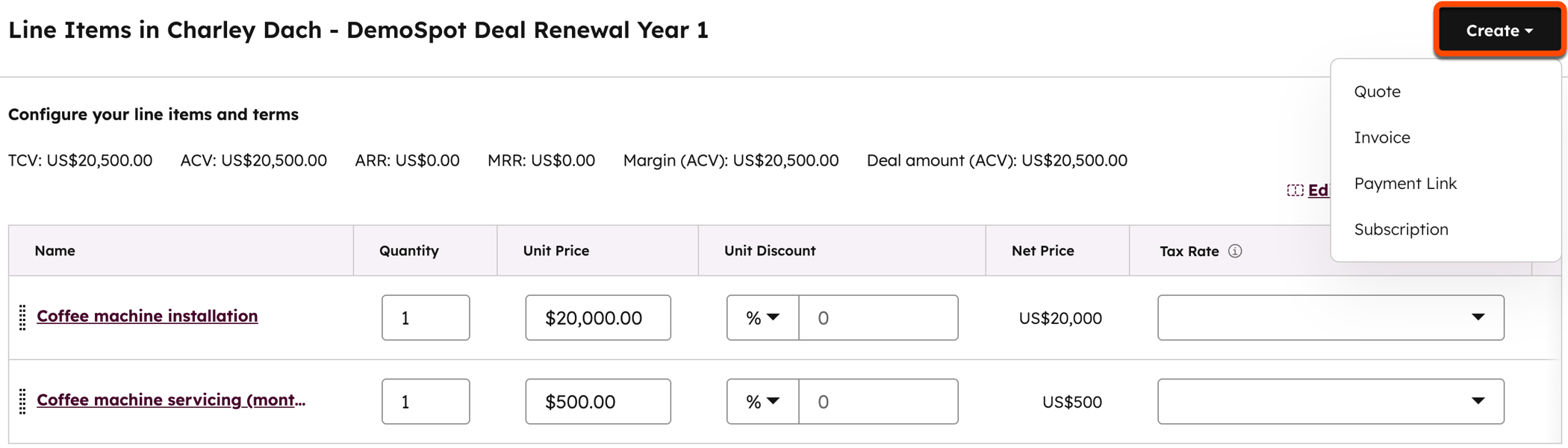 Use line items with deals