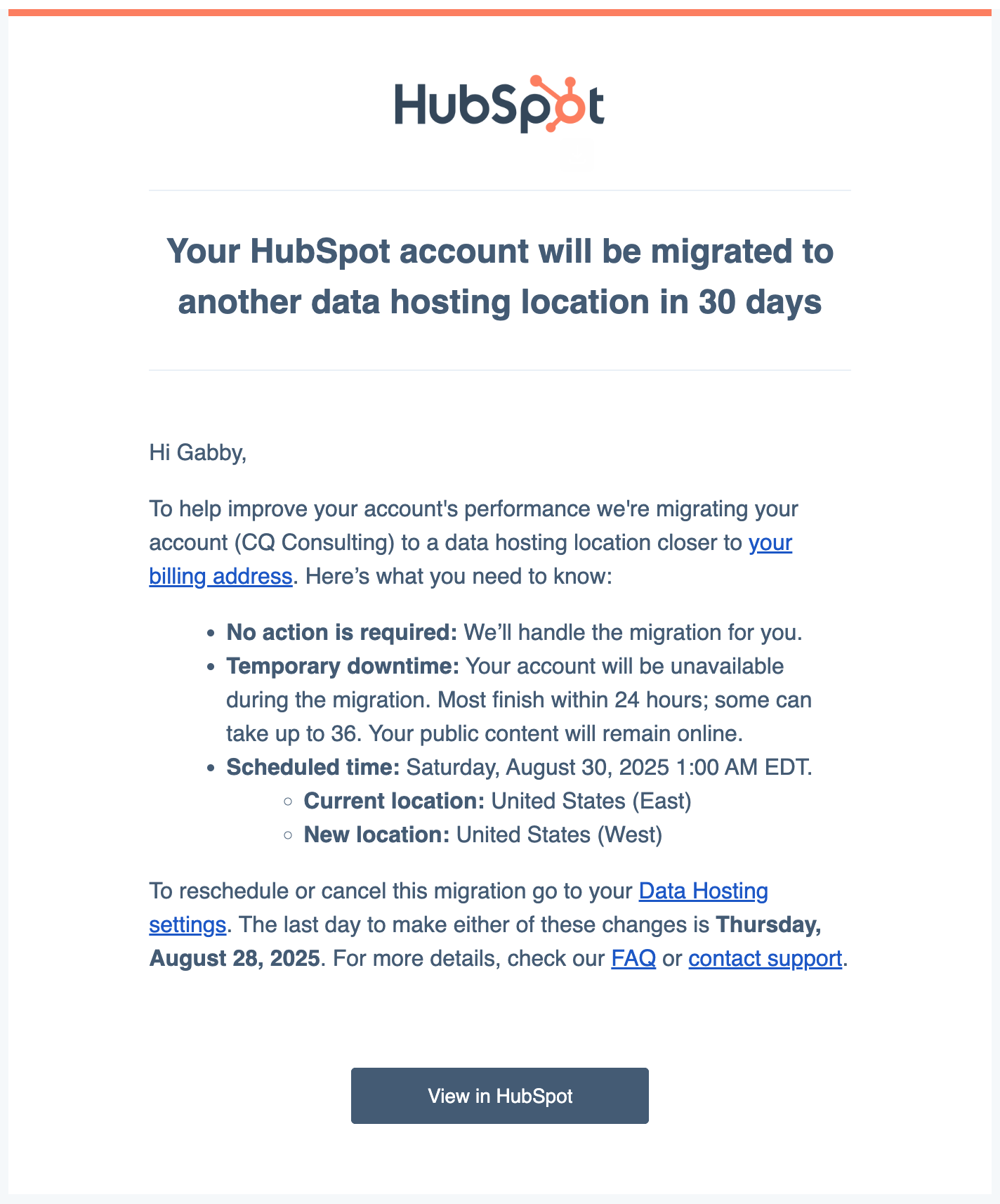 Migrate account data to another regional data center