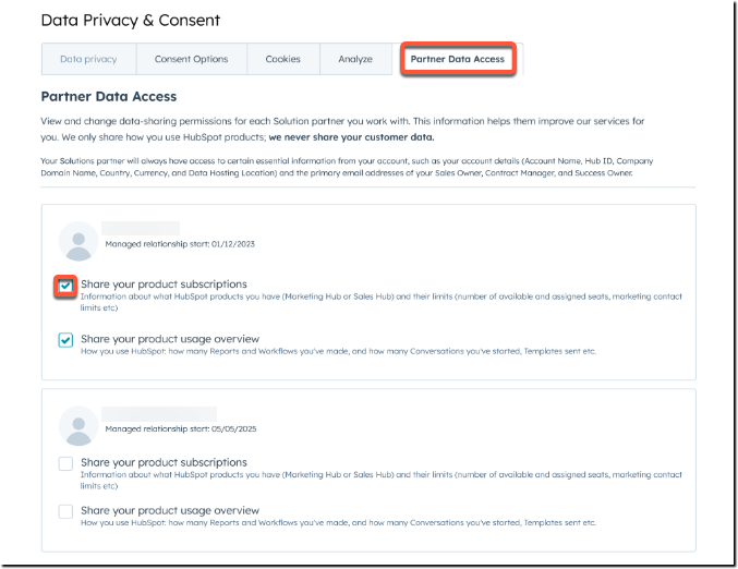 Manage partner data sharing settings