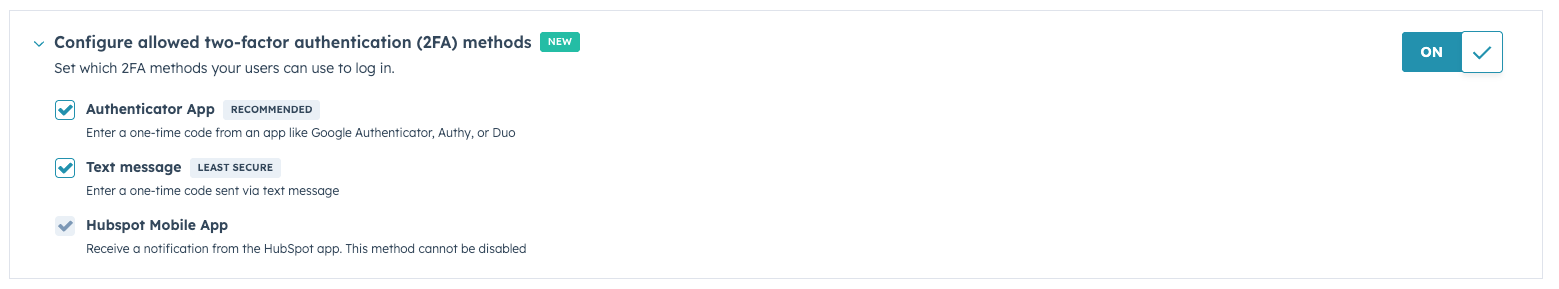 Configure allowed 2FA methods for users
