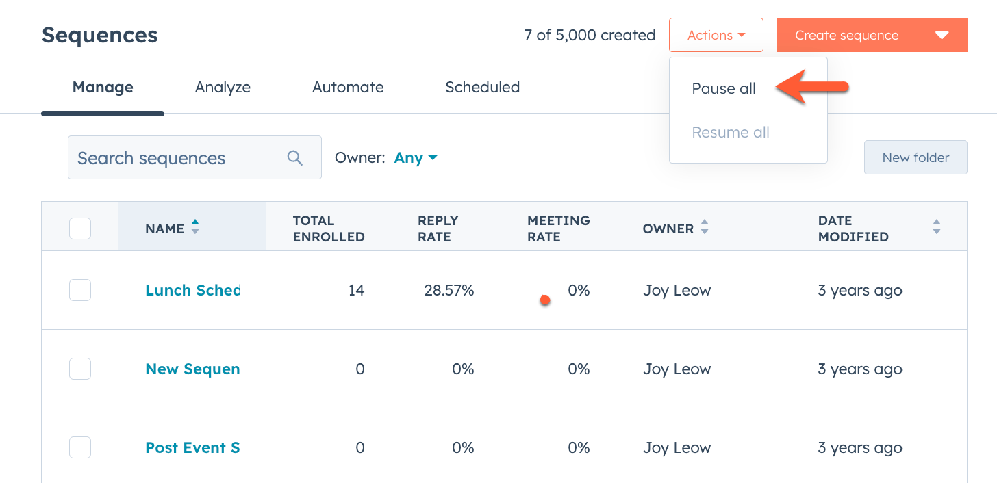 Pause or resume your sequences