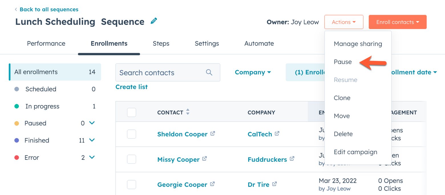 Pause or resume your sequences