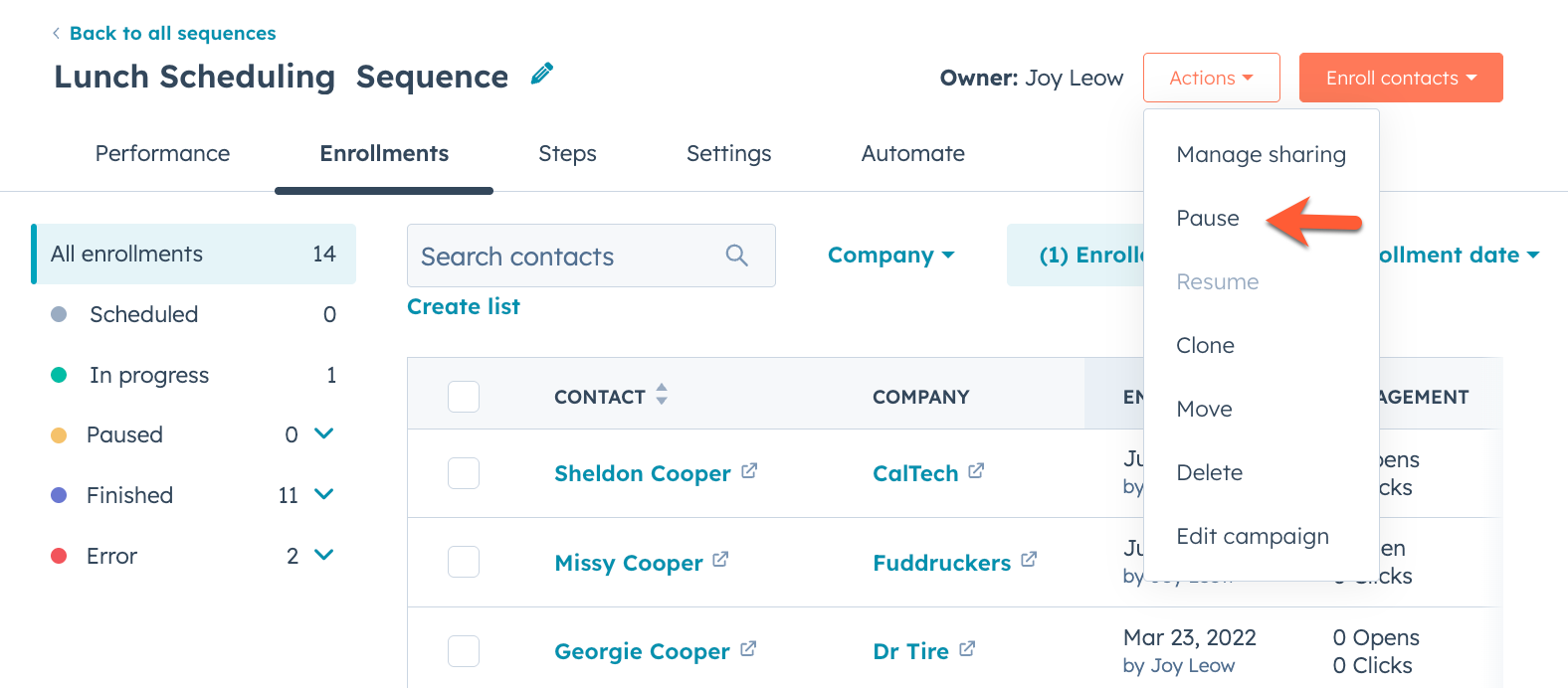 Pause or resume your sequences