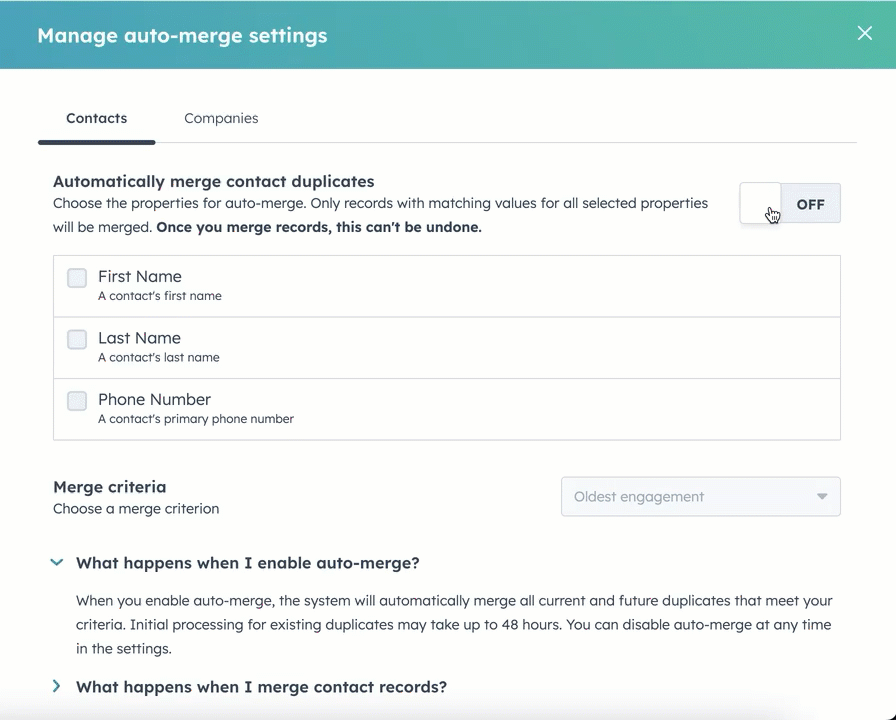 Automatically merge duplicate contacts and companies