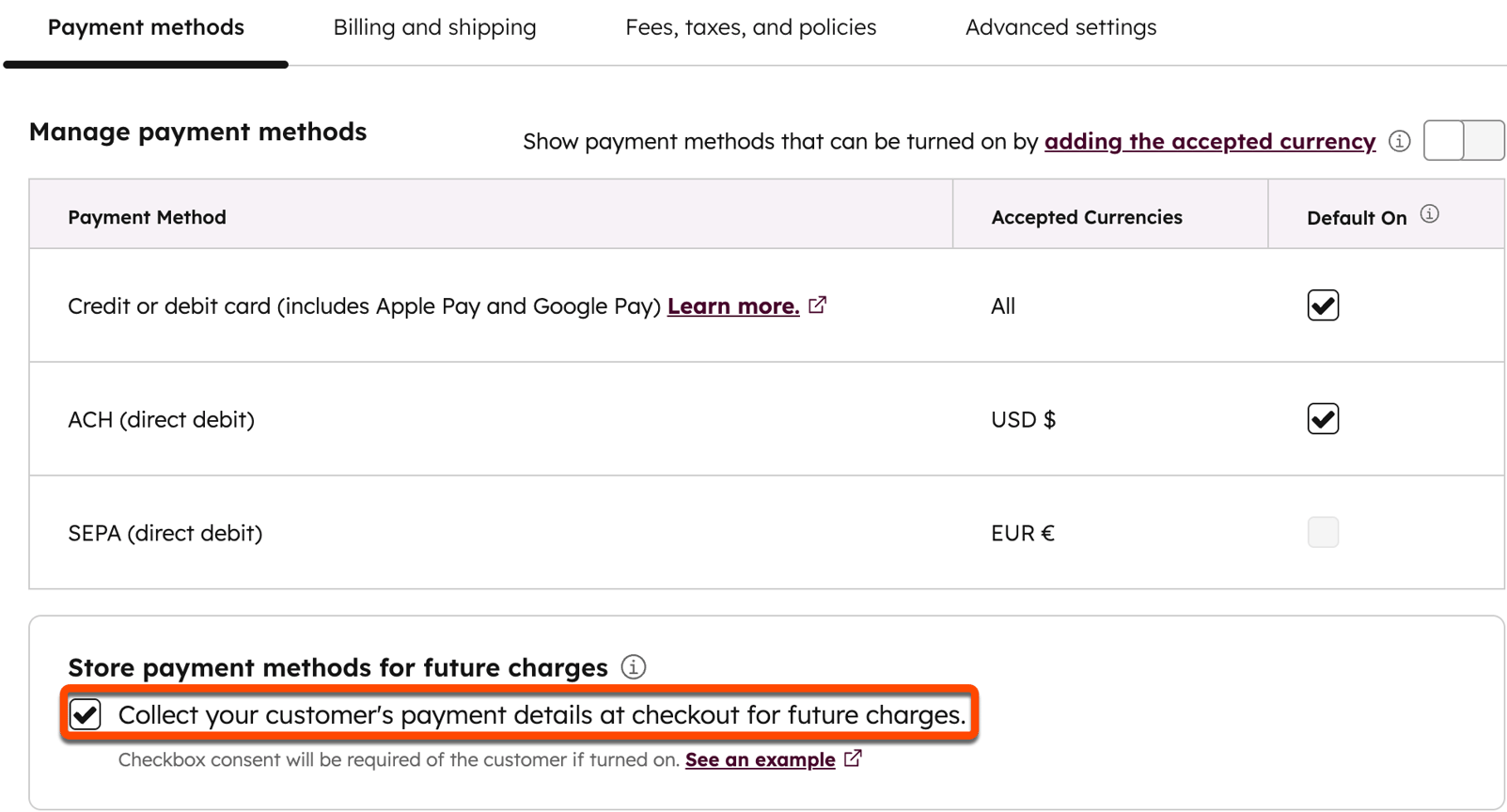 Store a payment method for future charges