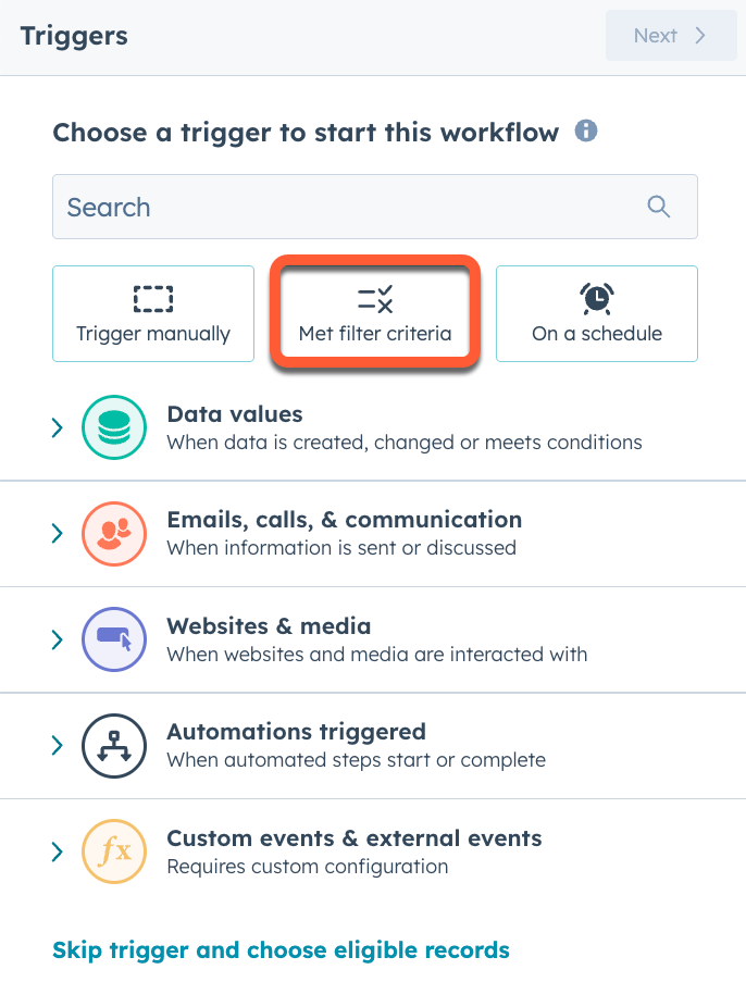 Set filter enrollment triggers