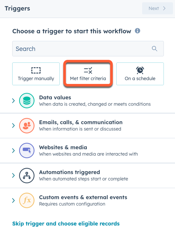 Set filter enrollment triggers