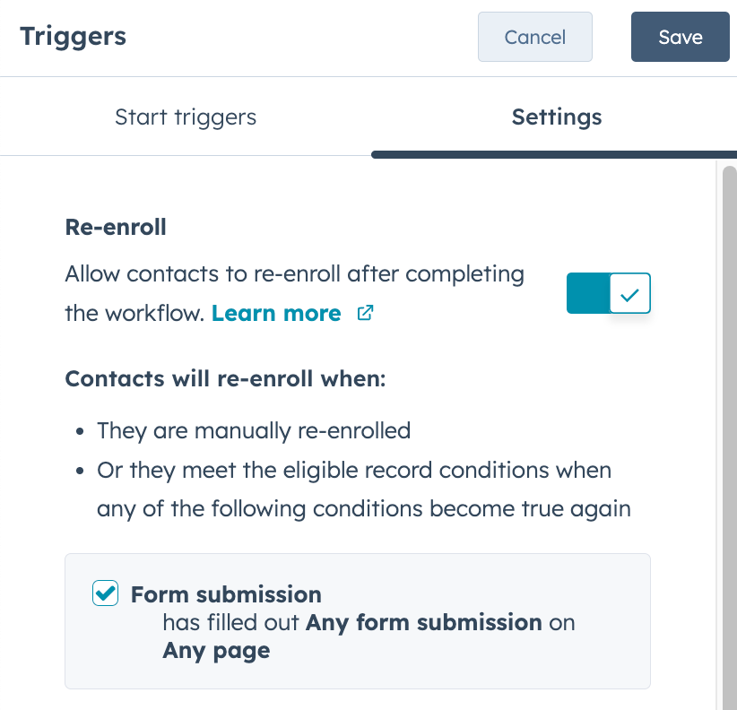 Add re-enrollment triggers to a workflow