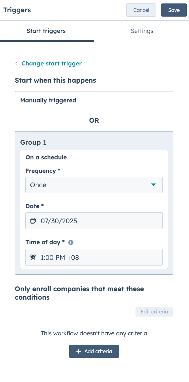 Set 'Based on a schedule' workflow enrollment triggers