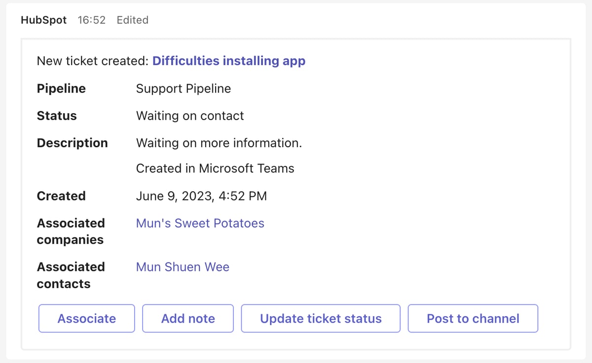 Create HubSpot tasks and tickets in Microsoft Teams