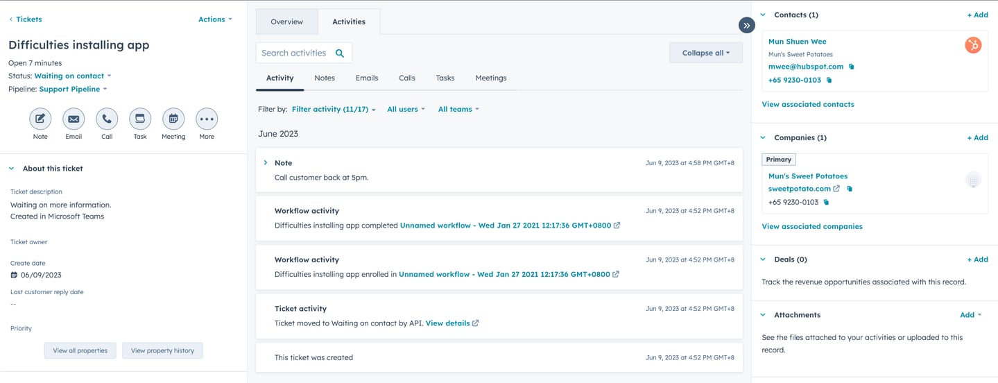 Create HubSpot tasks and tickets in Microsoft Teams