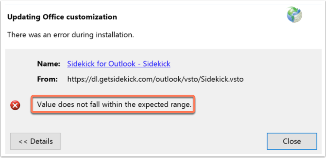 HubSpot Sales for Outlook install error: 'Value does not fall within the expected range'