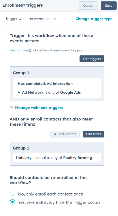 Set event enrollment triggers