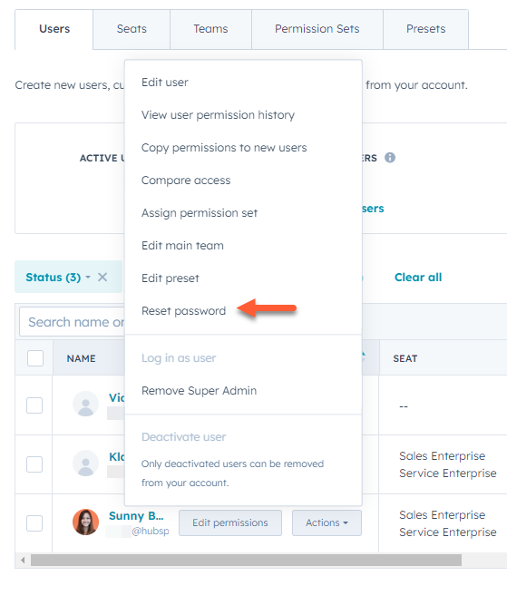 Reset user passwords