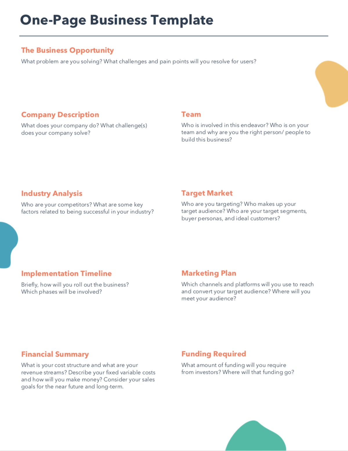 Free One Page Business Plan Template Template for PDF | Word | HubSpot